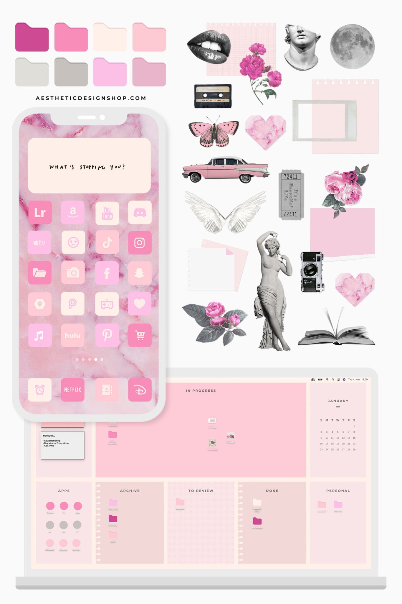 Vintage Pink Tech Aesthetic Set: stickers, wallpapers, desktop ...