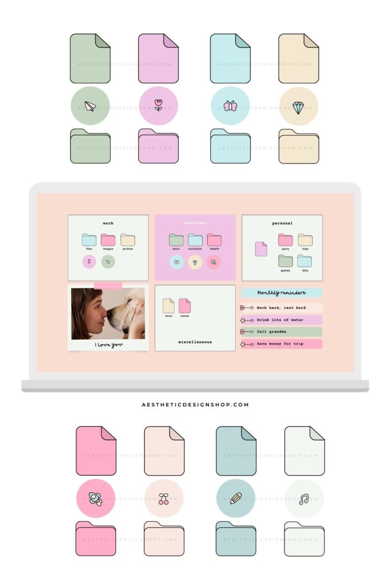Pastel Desktop Aesthetic Set - 24 Icons + Desktop organizer Wallpaper ...