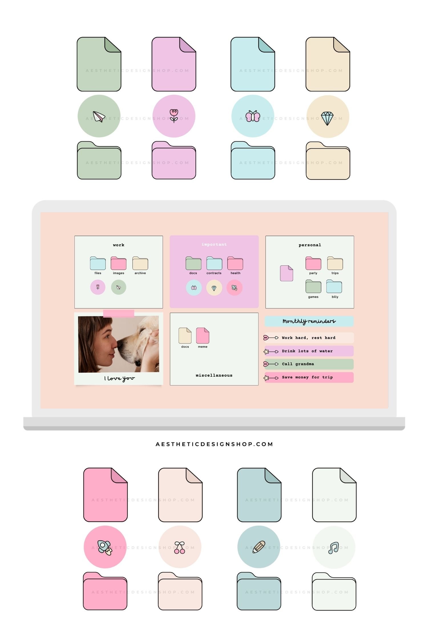 Pastel Desktop Aesthetic Set - 24 Icons + Desktop organizer Wallpaper ...