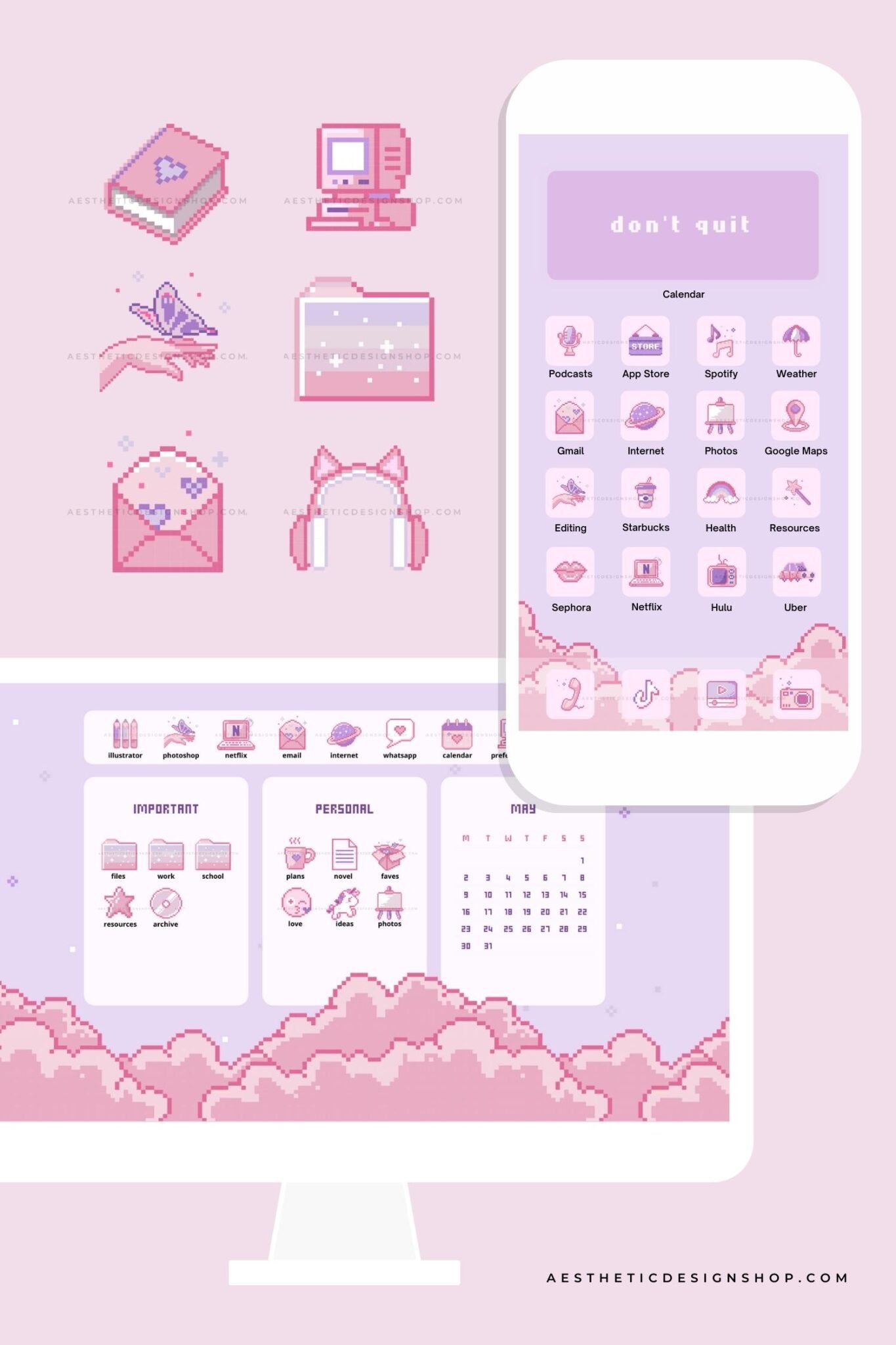 Pink Pixel Kawaii Kit - Tech Aesthetic: 112 app icons + wallpapers and ...