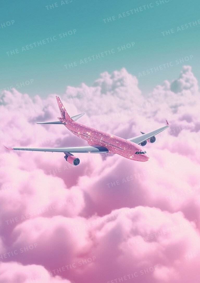High resolution AI generated aesthetic image of a sparkly pink airplane ...