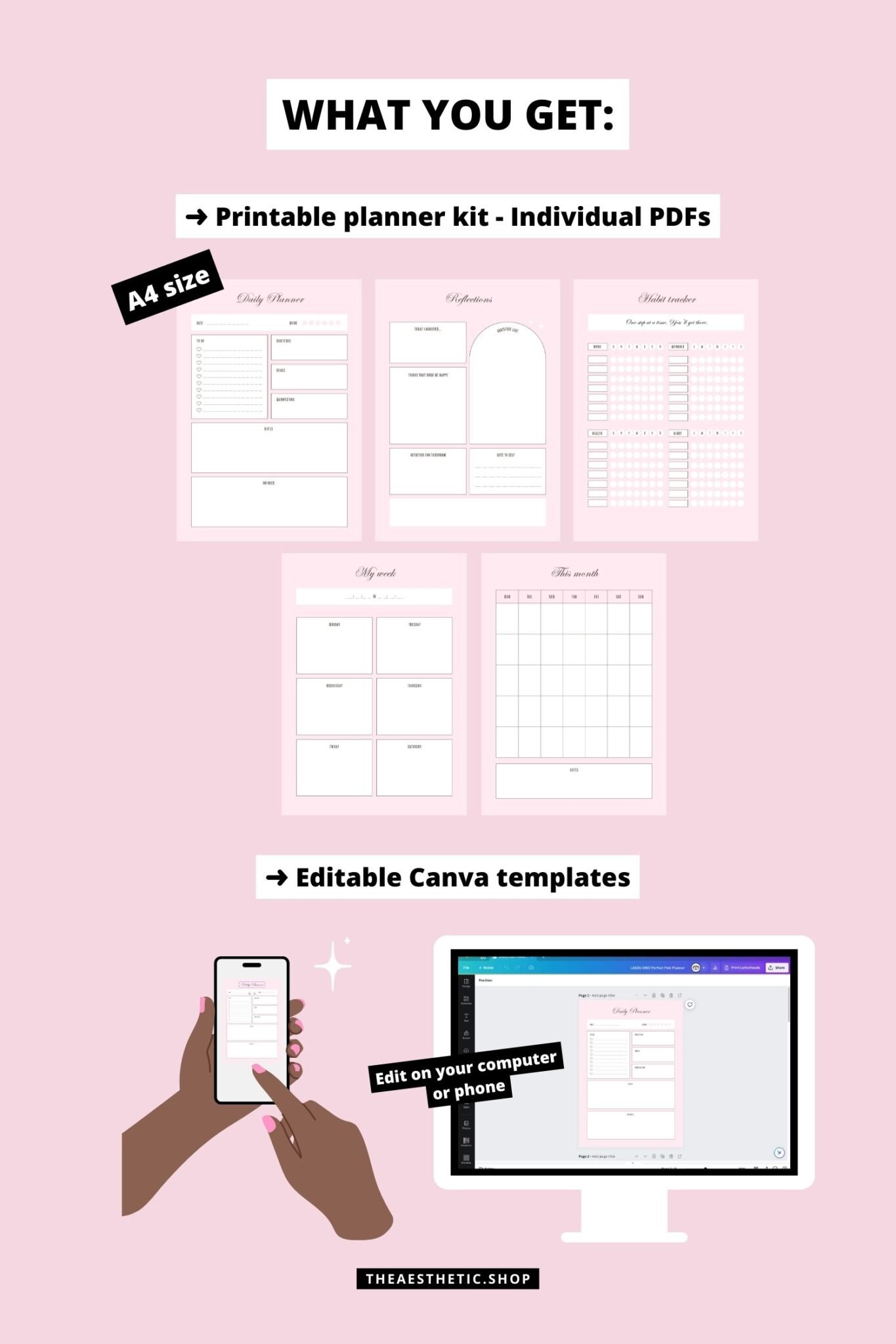 Pink Aesthetic Printable Planner (Daily, Weekly, Monthly, Reflections ...